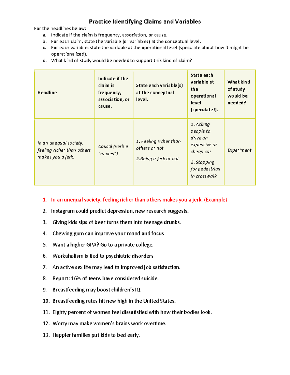 Identifying Claims and Variables: Practice Guide for Psychology 101 ...