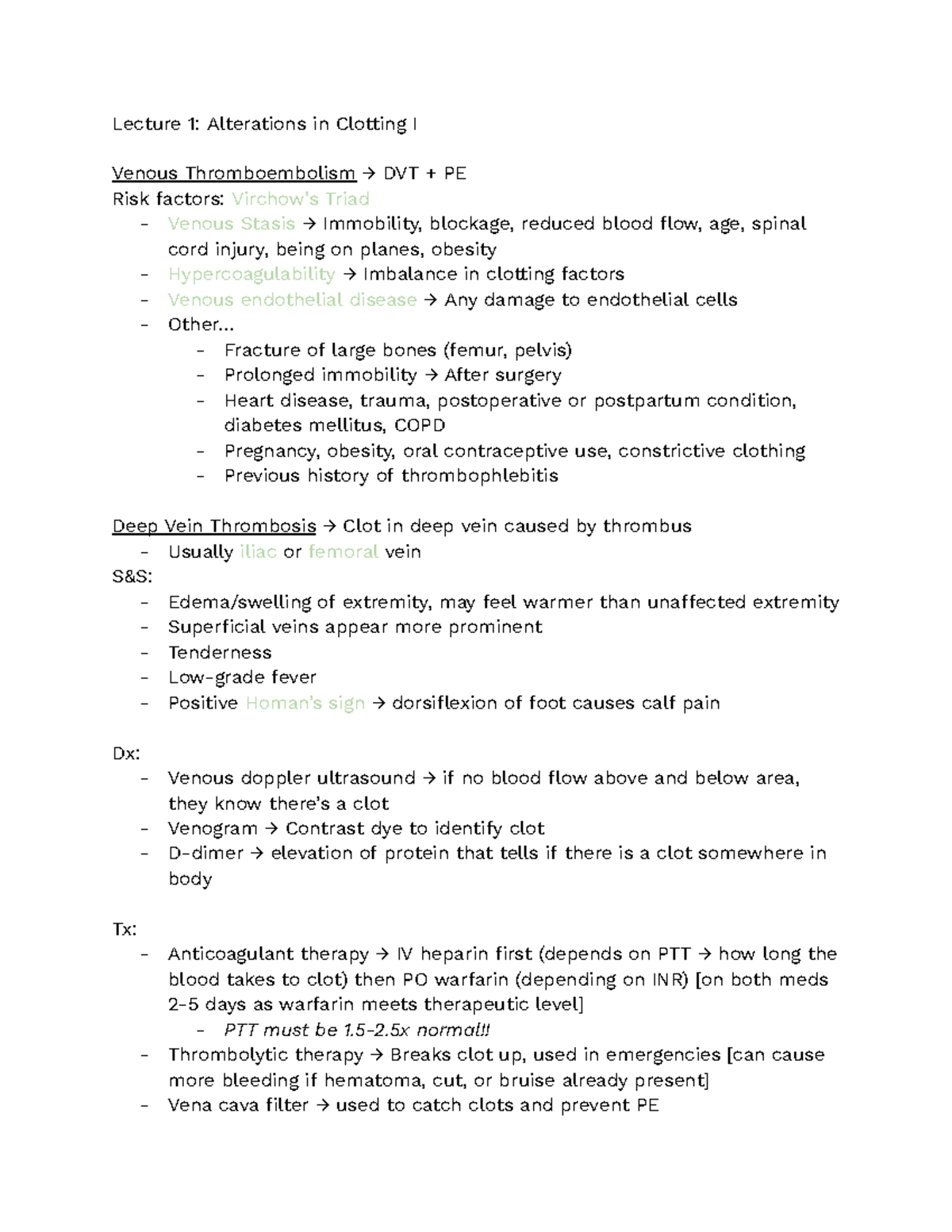 NURS3015 Lecture 1: Clotting Alterations & DVT Risks Cheat Sheet - Studocu