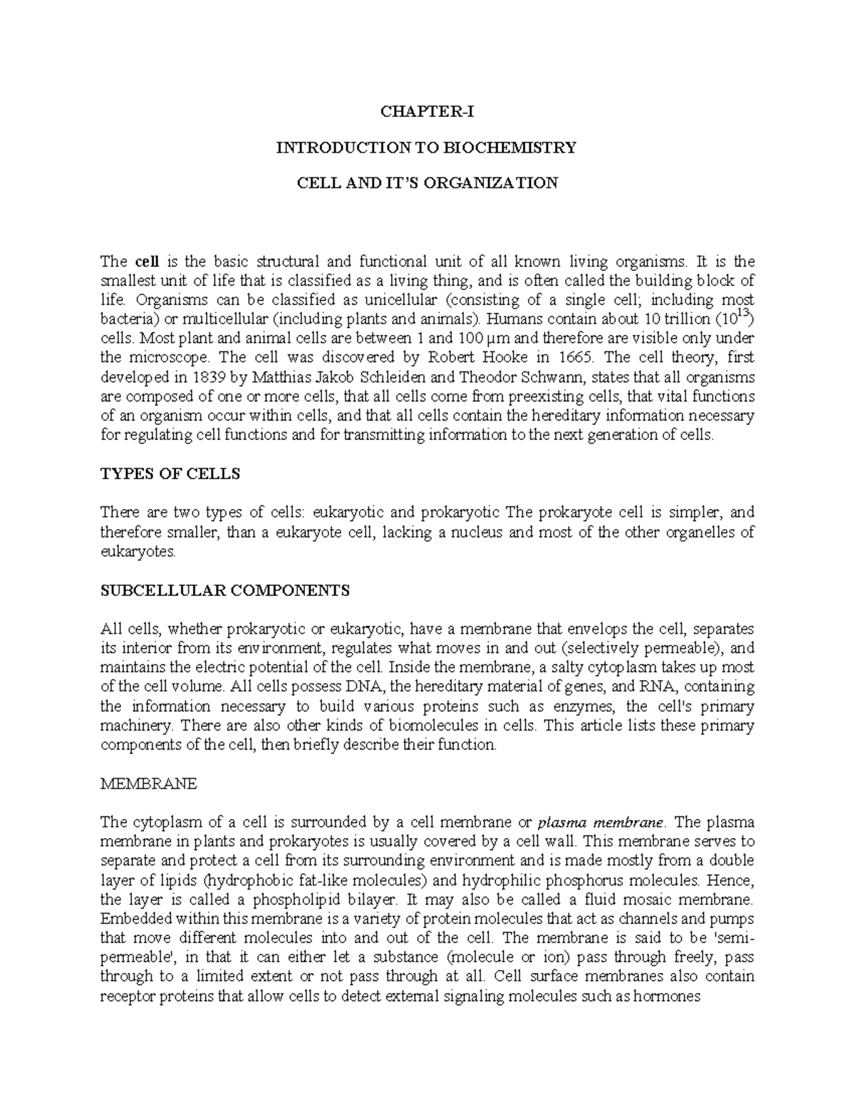 1. Introduction To Biochemistry - CHAPTER-I INTRODUCTION TO BIOCHEMISTRY CELL AND IT’S ...