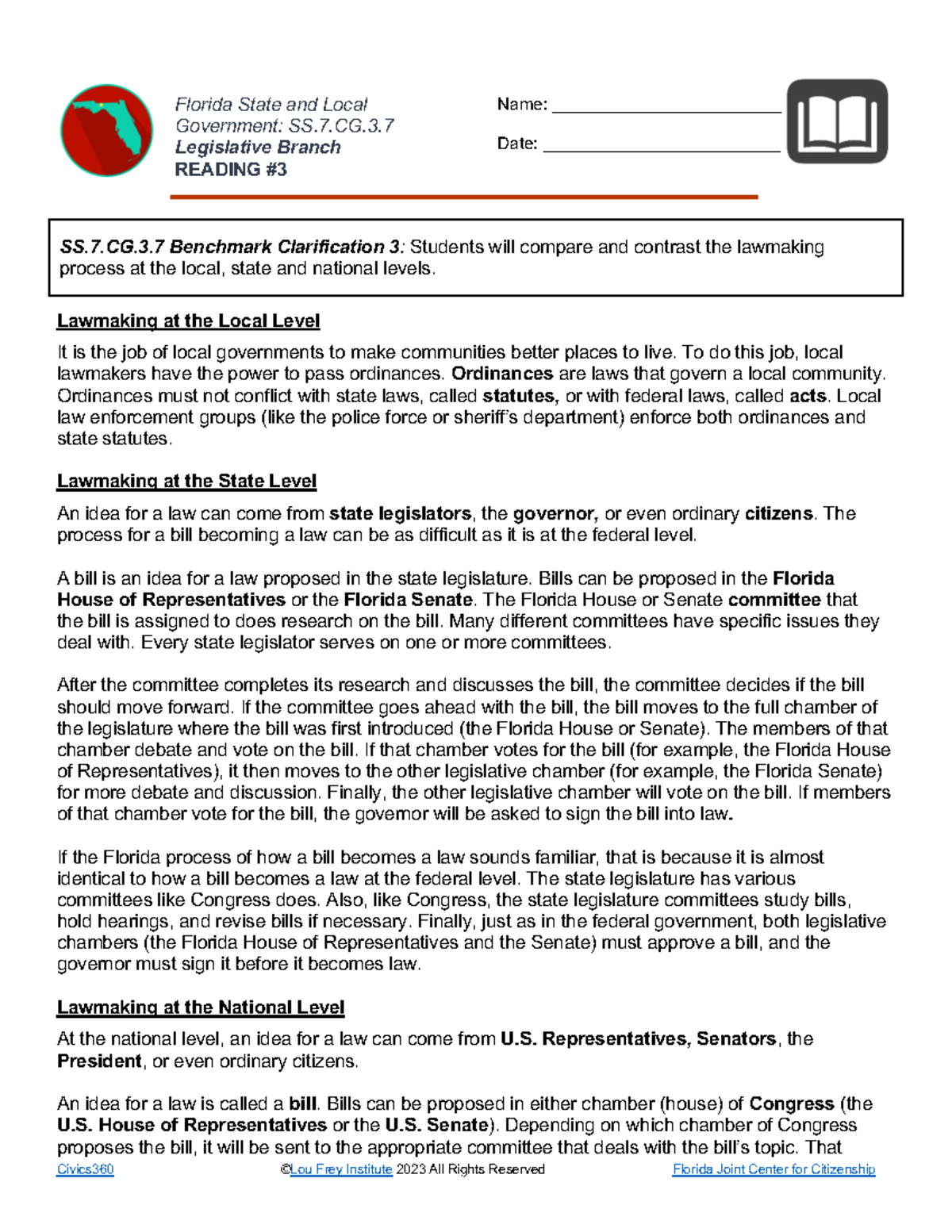 Florida State and Local Government: SS.7.CG.3.7 Lawmaking Process ...
