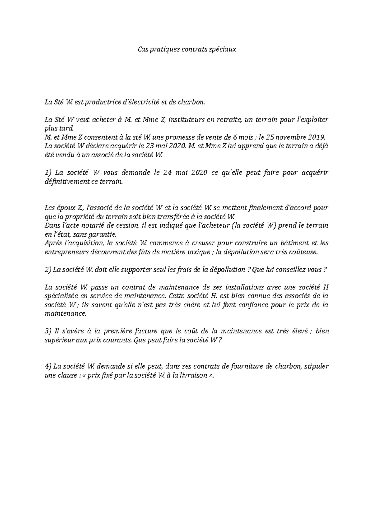 Sujet de cas pratiques (Droit des contrats spéciaux) - Cas pratiques ...