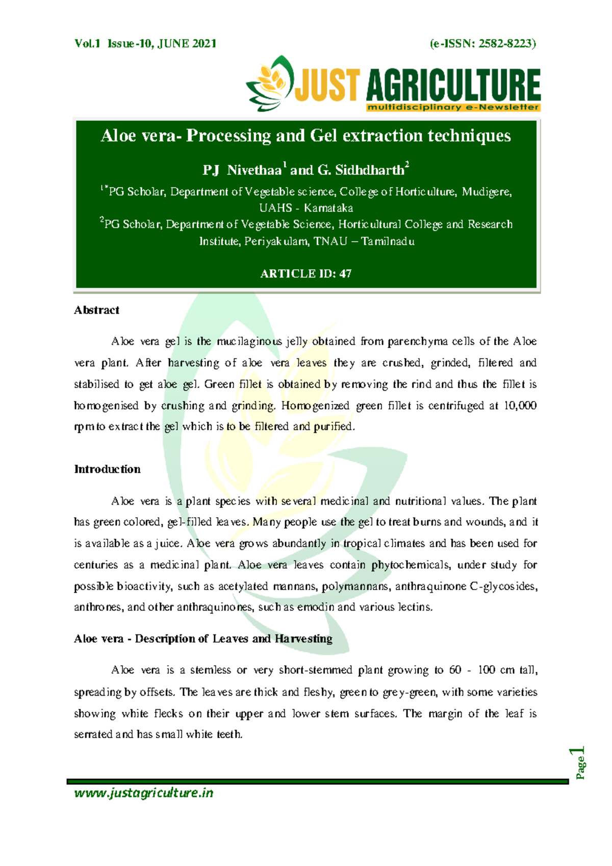 47. Techniques for Aloe Vera Processing and Gel Extraction Methods ...