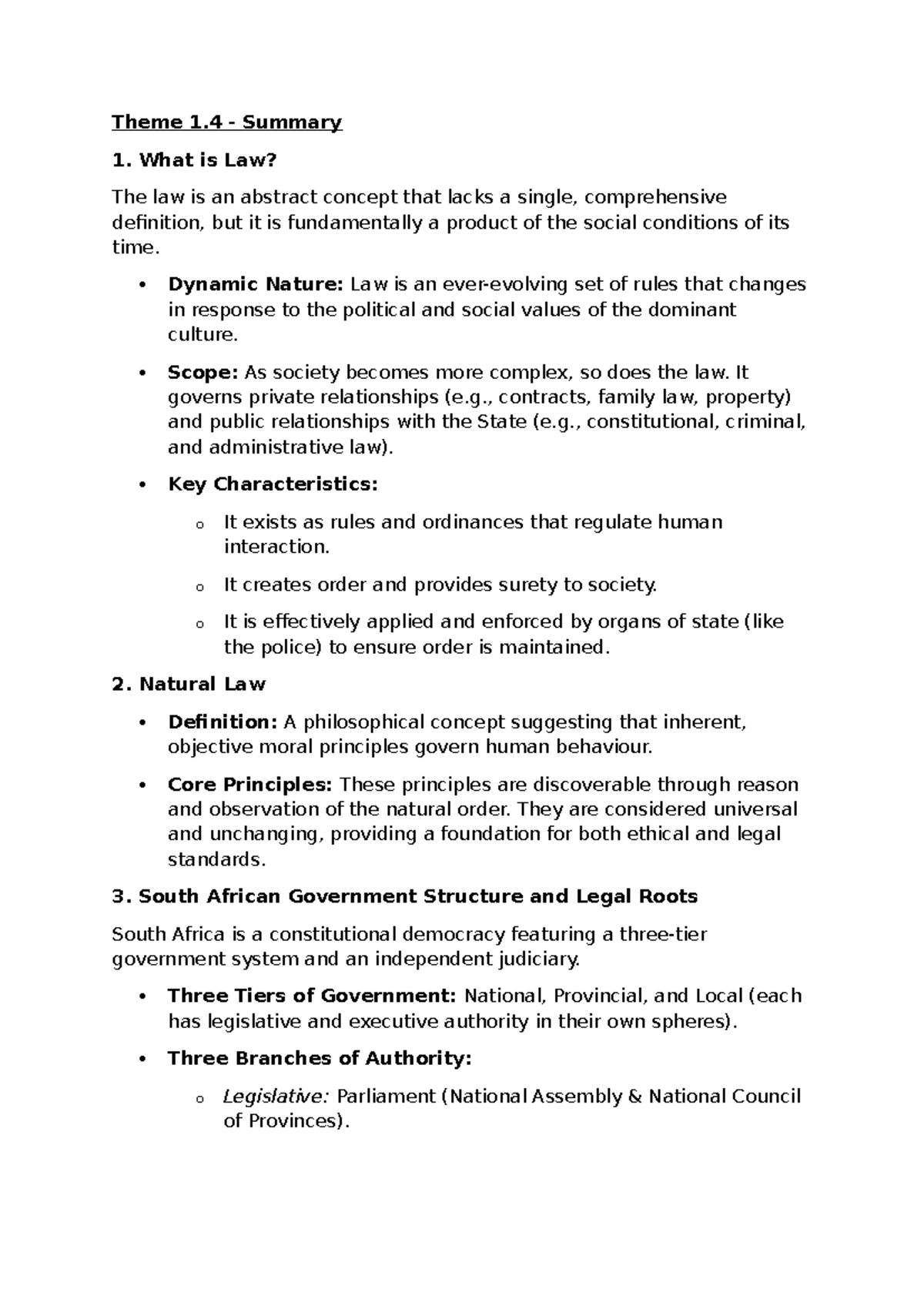 Theme 1.4 Summary: Understanding Law and the SA Constitution - Studocu