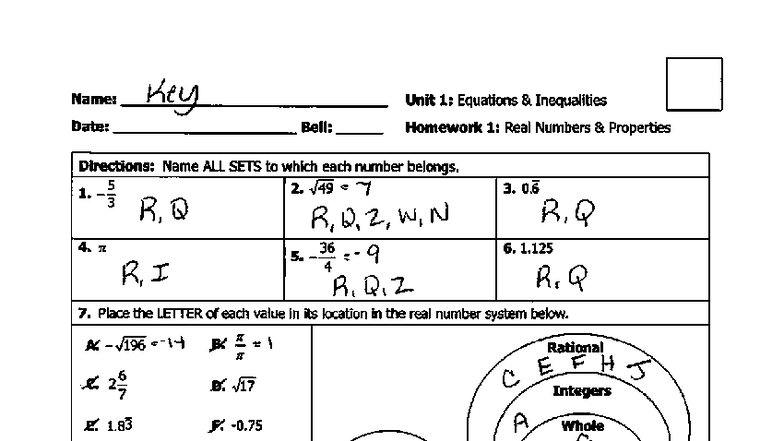Algebra 2 Honors Unit 1: Equations & Inequalities Homework Key 2022 ...