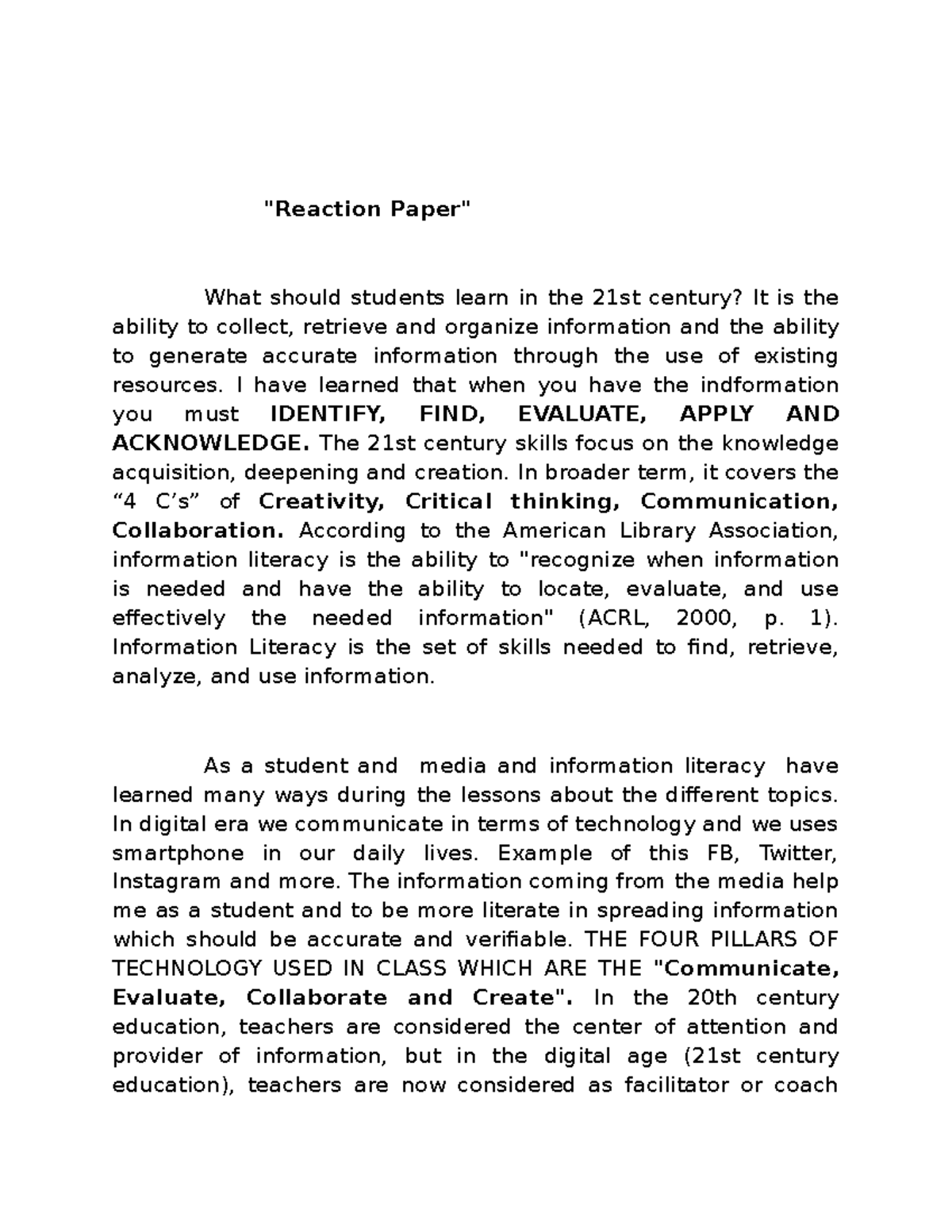 MEDIA AND INFORMATION LITERACY REACTION PAPER OR ESSAY - Media and ...