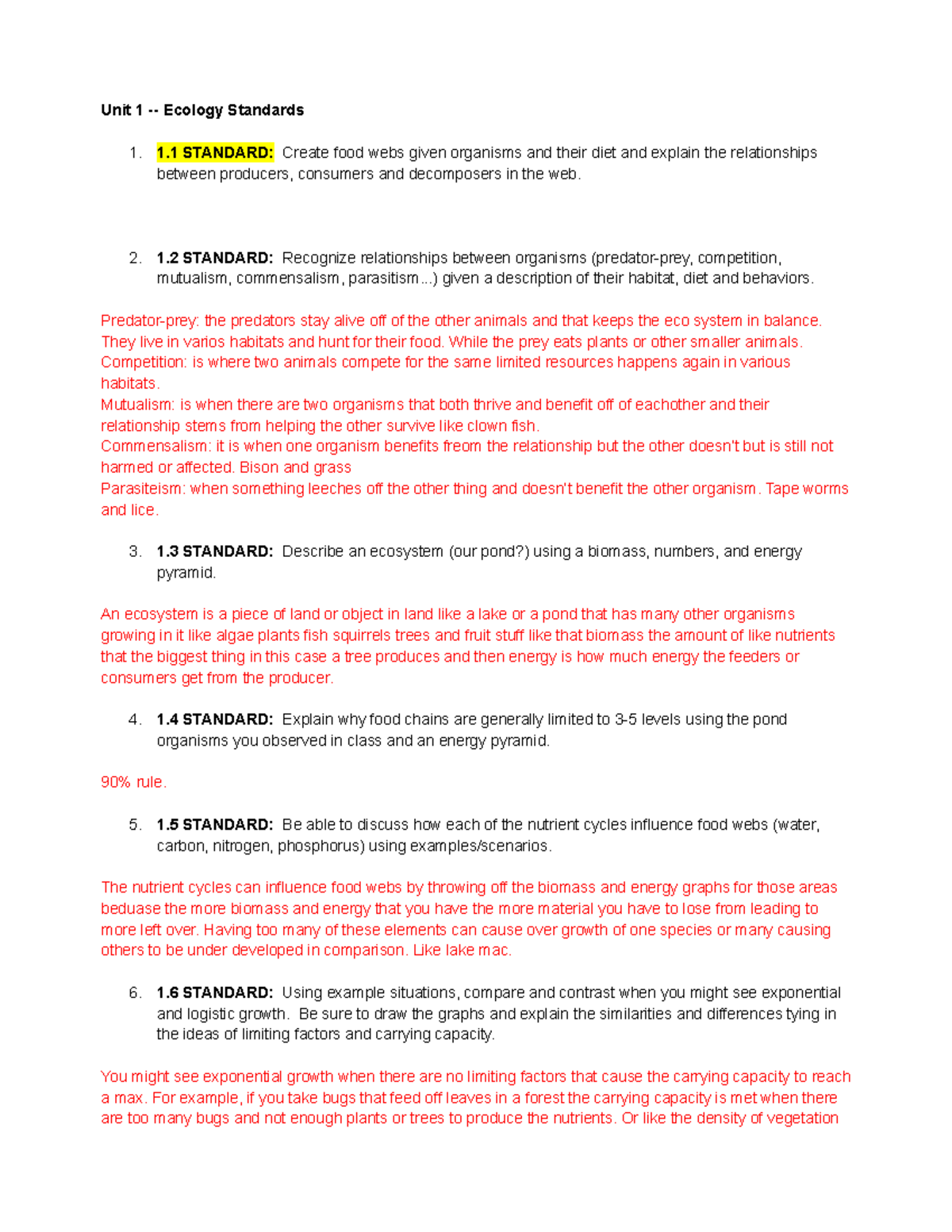 Unit 1 Ecology Standards: Ecosystem Dynamics & Relationships - Studocu