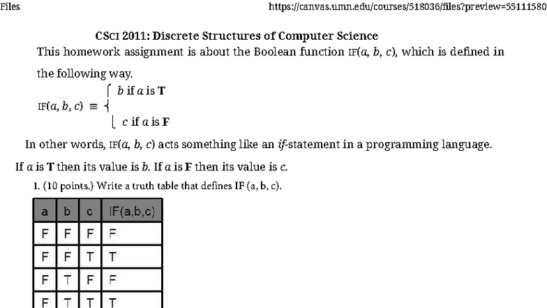 CSCI 2011: Homework 1 on Boolean Functions and IF(a, b, c) - Studocu