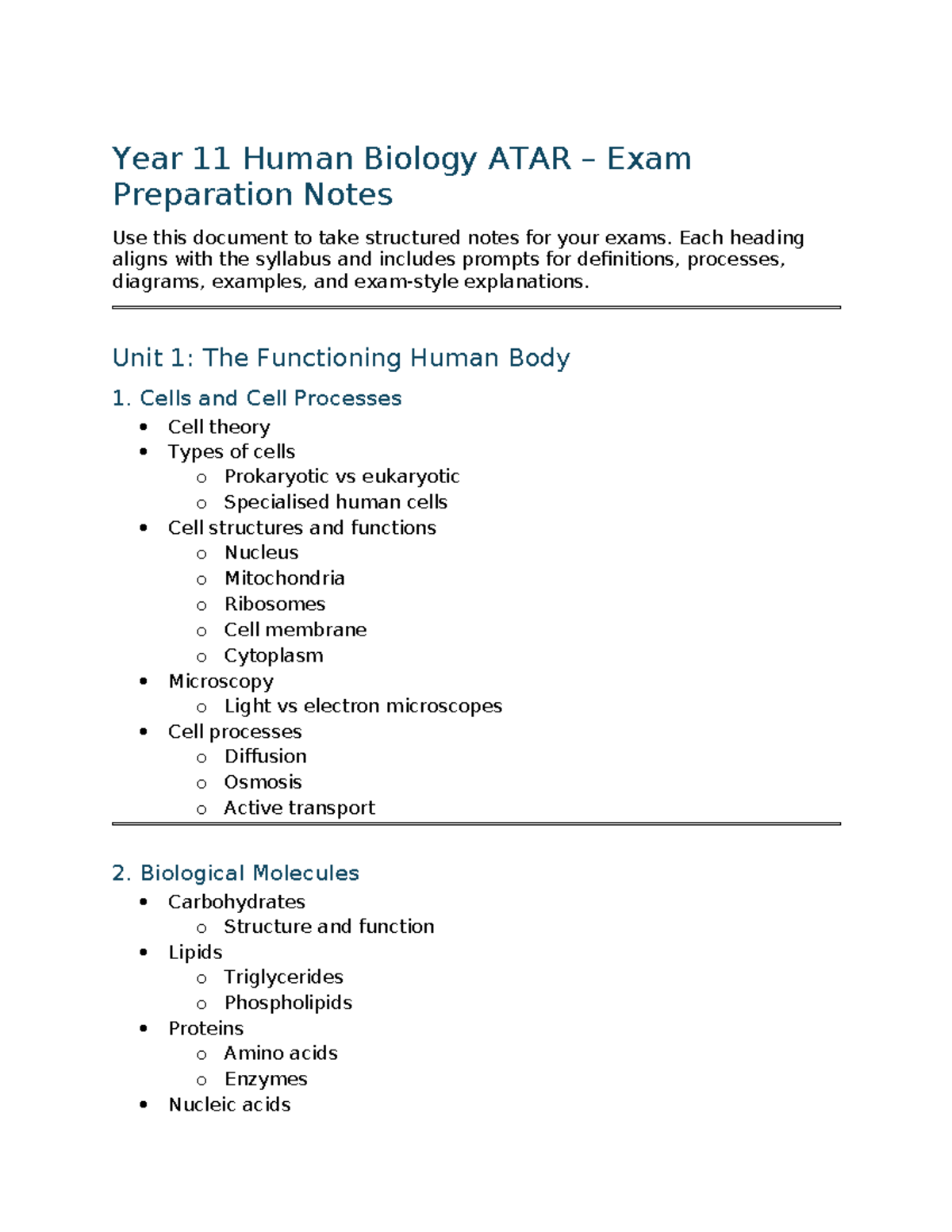Year 11 Human Biology ATAR Exam Prep Notes: Comprehensive Study Guide ...