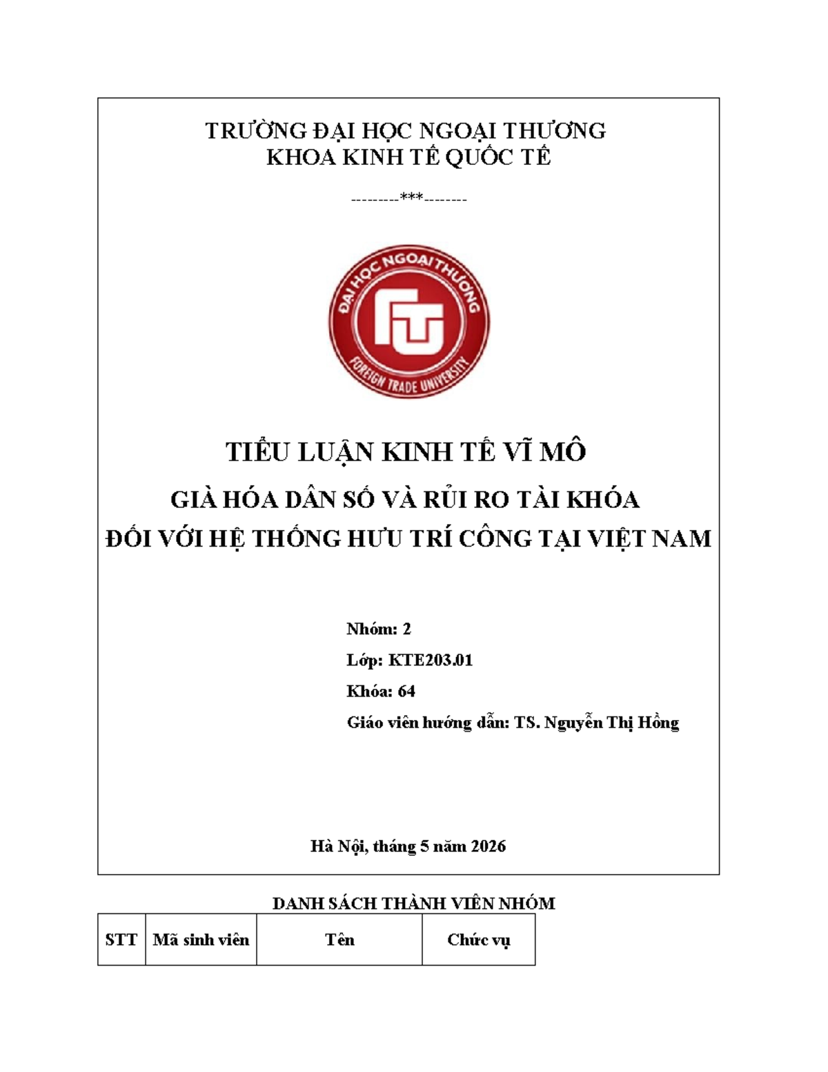 Tiểu Luận Kinh Tế Vĩ Mô: Già Hóa Dân Số & Rủi Ro Tài Khóa (KTE203.01 ...