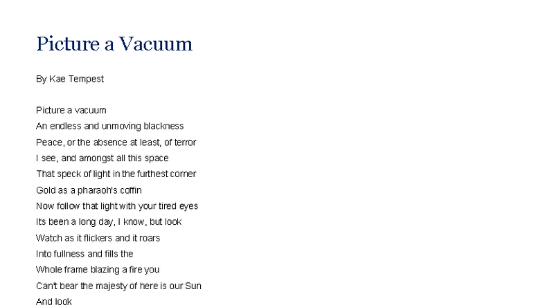 Picture a Vacuum - Poem Analysis by Kae Tempest - Studocu
