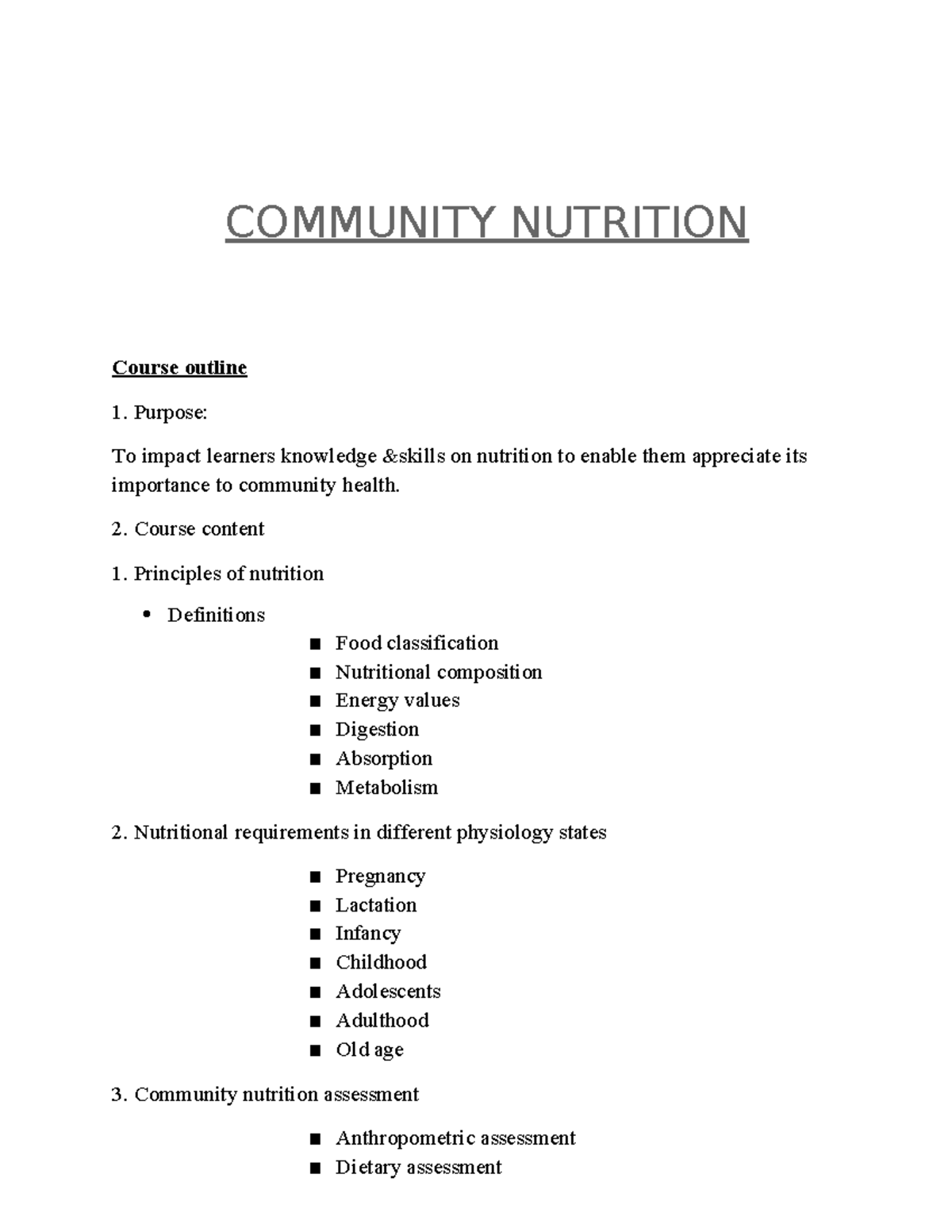 COMMUNITY NUTRITION Course Outline and Key Concepts - Studocu