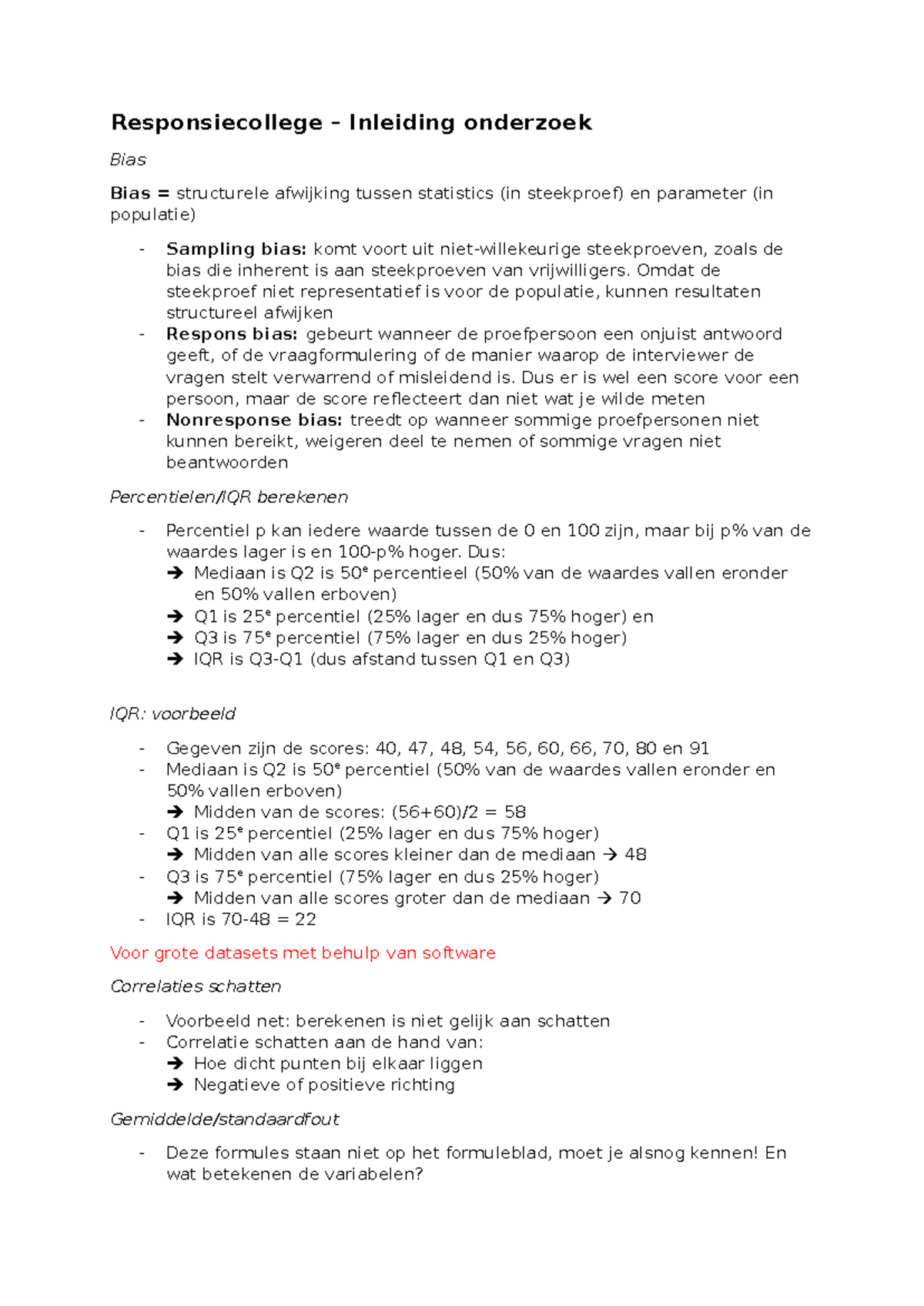 Inleiding Onderzoek: Bias en Percentielen - Responsiecollege - Studeersnel
