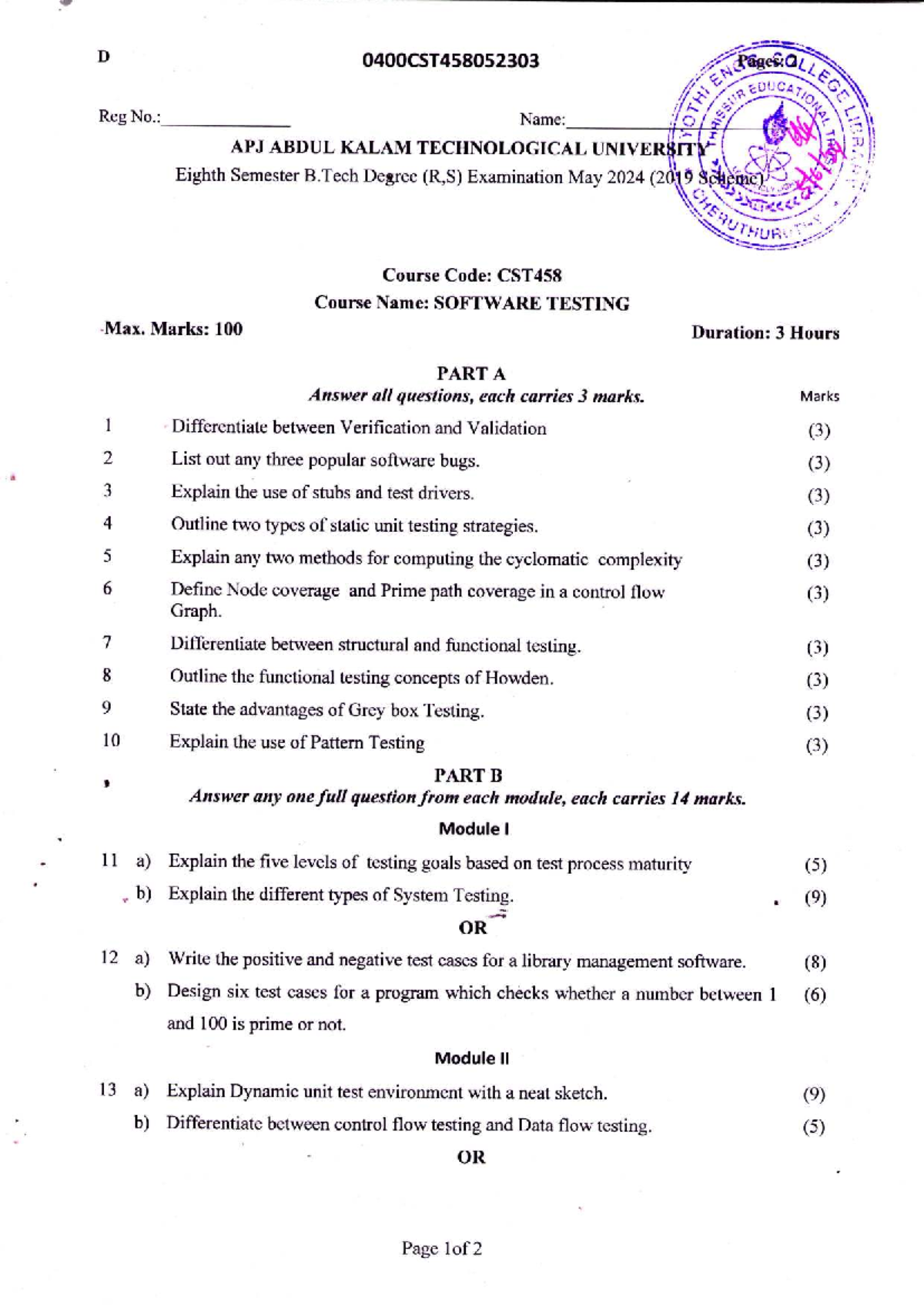 CST458 Software Testing Eighth Sem B.Tech May 2024 Exam Paper - Studocu