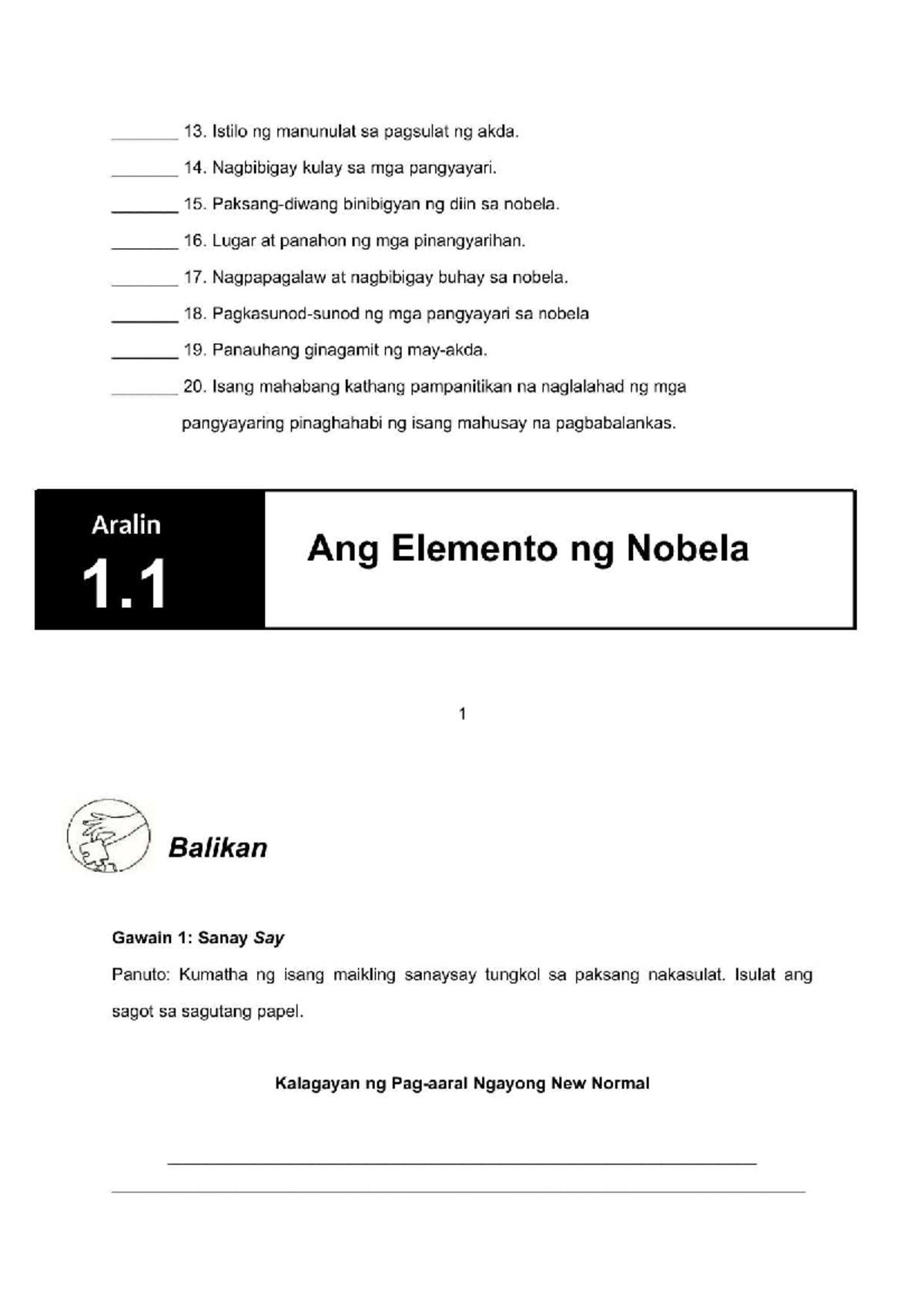Elemento ng Nobela: Pagsusuri at Gawain sa Pagsulat (FIL101) - Studocu