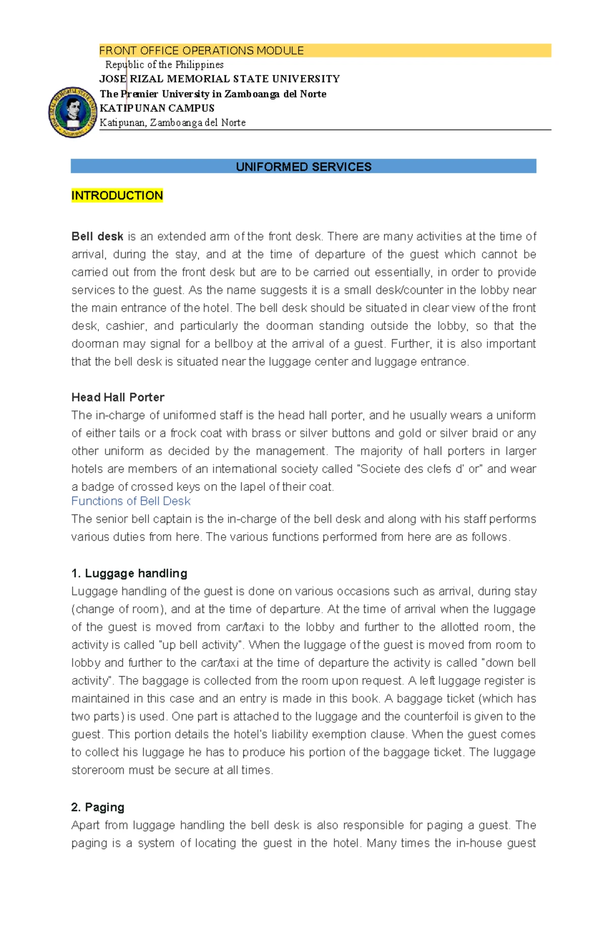 Narrative Report: OJT at Privato Hotel & Zuni Restaurant - Studocu