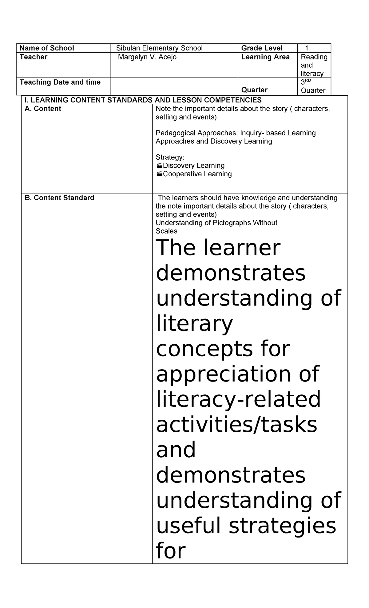 Grade 1 Reading Lesson Plan: Identifying Story Elements - Studocu