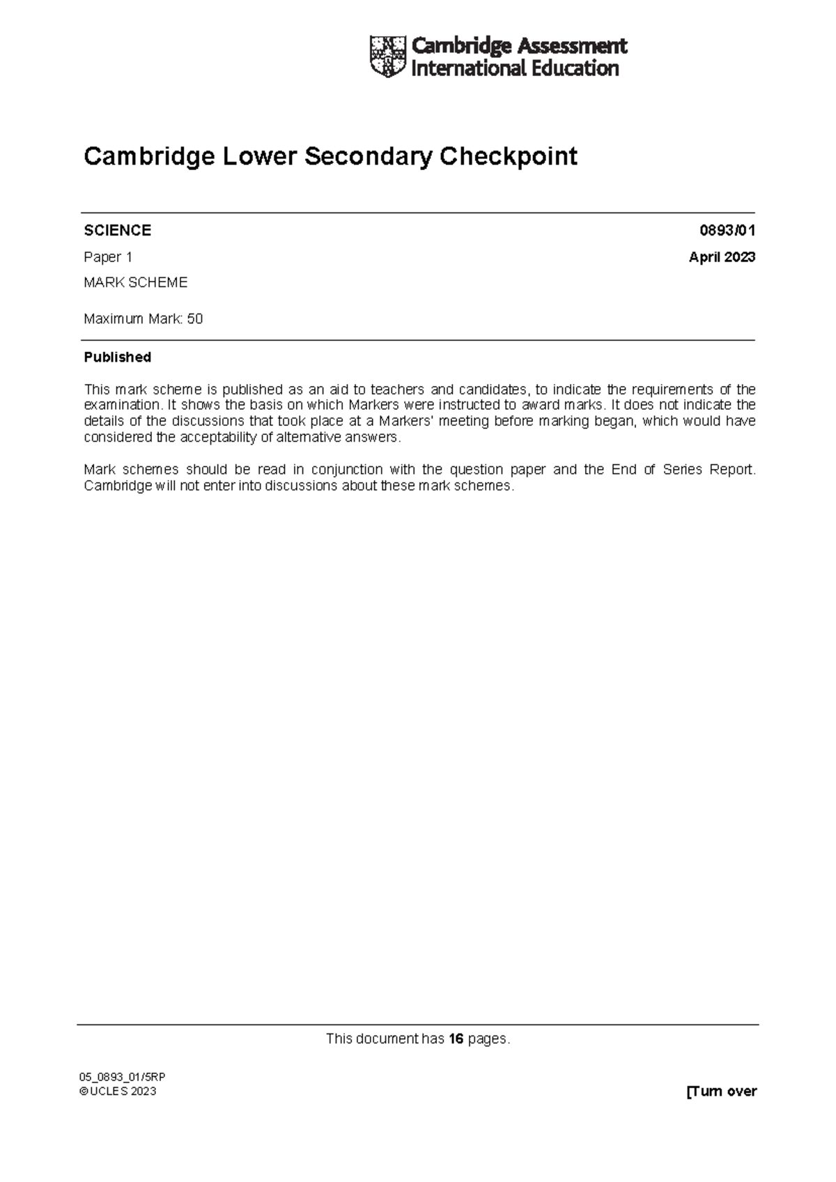Science Marking Scheme for Paper 1 - 0893, April 2023 - Studocu
