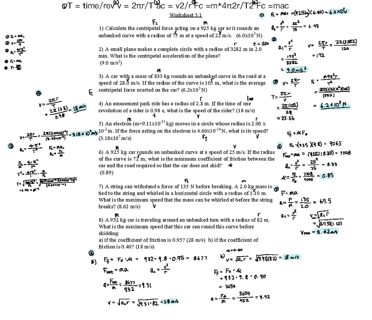 Circular Motion - AP Worksheet #1: Centripetal Force Calculations - Studocu