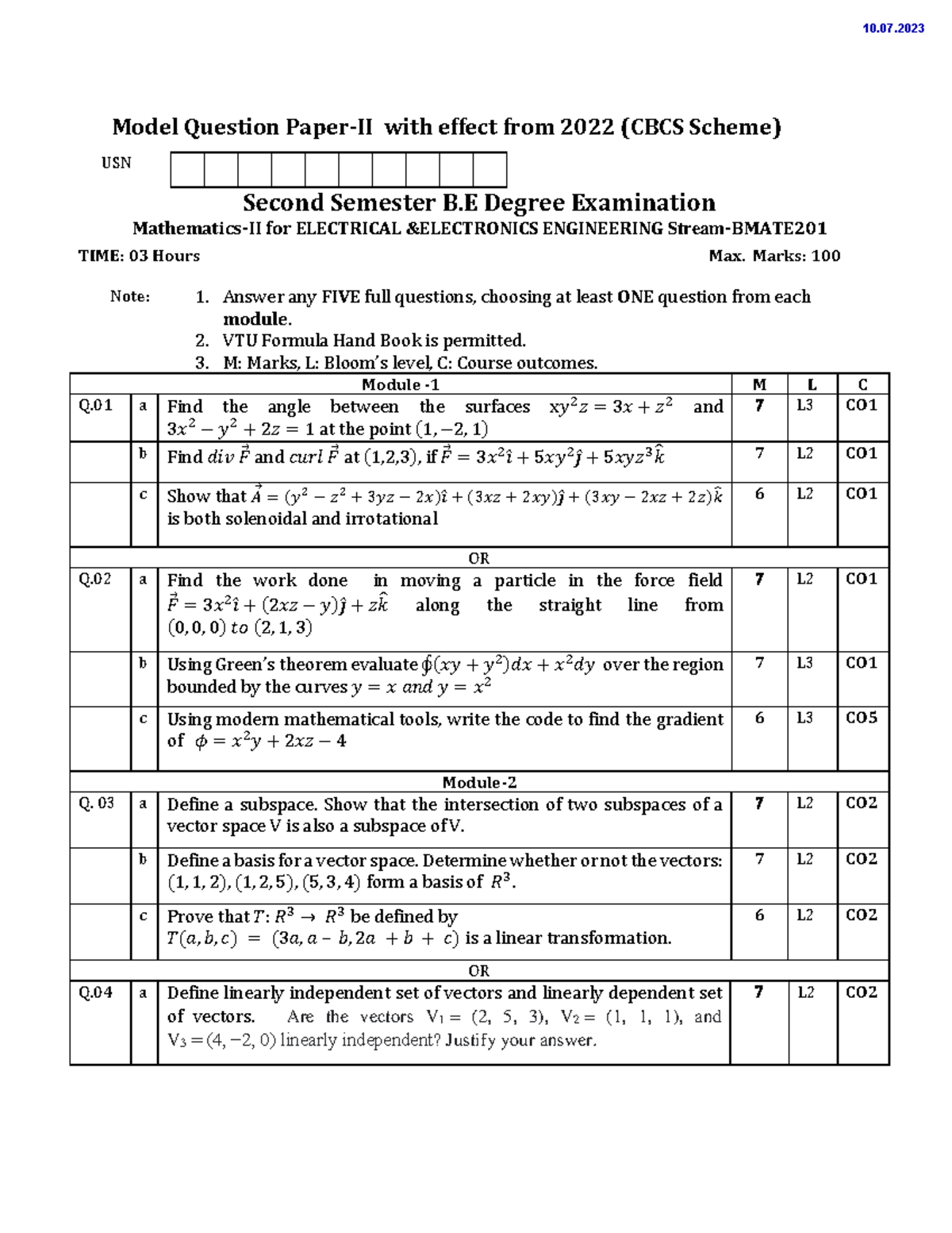 BMATE 201 - Model Question Paper II for Mathematics-II Exam - Studocu