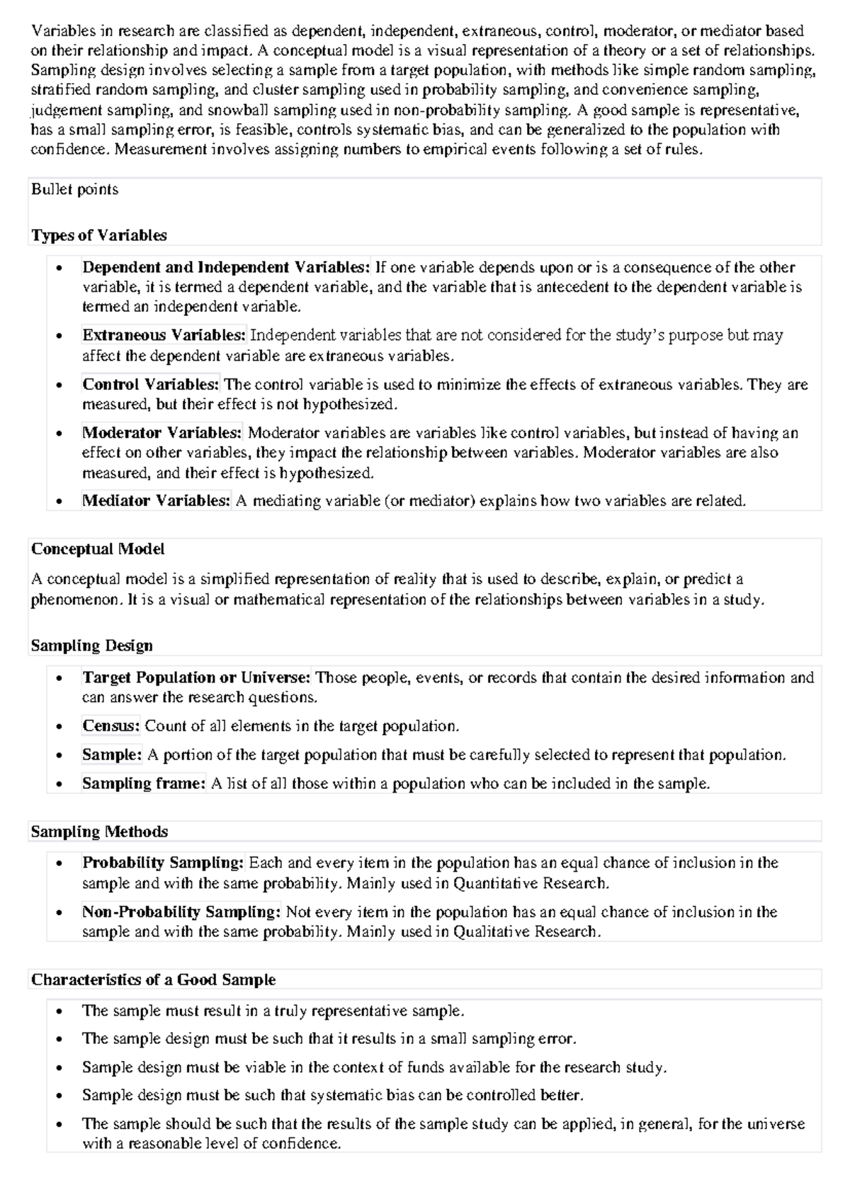 BAR Notes - Variables, Conceptual Models & Sampling Design Summary ...