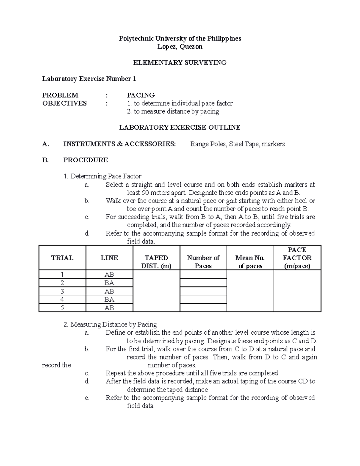 Lab-1: Pacing Techniques in Elementary Surveying (EGY101) - Studocu