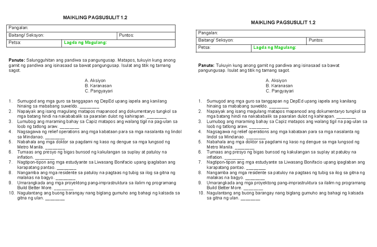 MP - Pagsusulit sa Gamit ng Pandiwa 1.2 - Studocu
