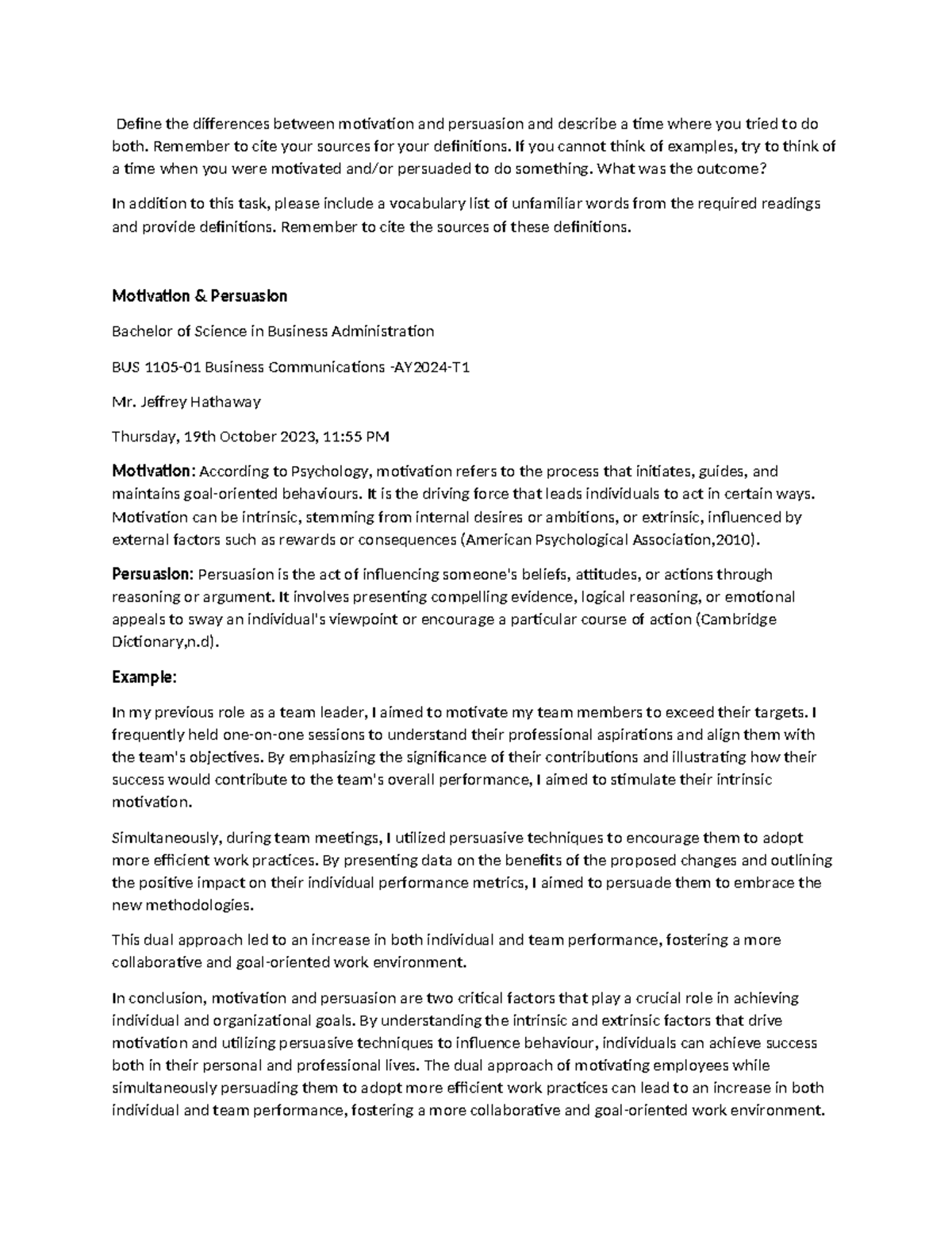 BC Learning Journal Unit 6 - Define the differences between motivation and persuasion and ...