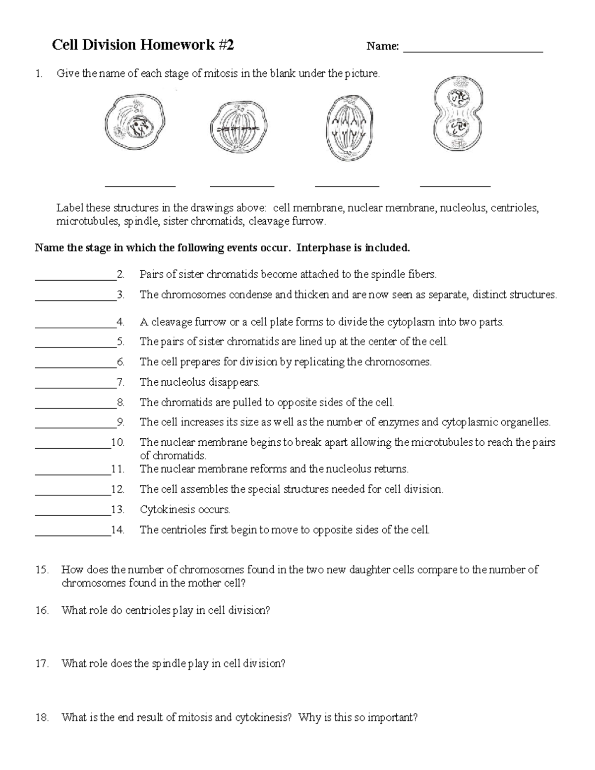 Cell division homework 2 - Cell Division Homework #2 Name ...