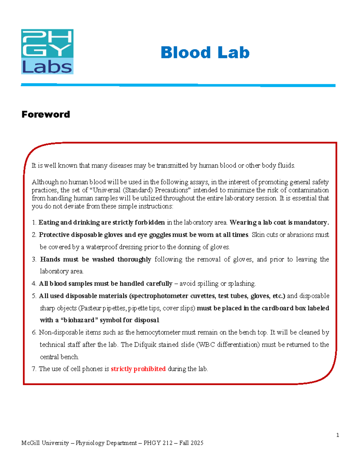 Blood Lab Manual PHGY 212 - Fall 2025: Safety & Procedures - Studocu