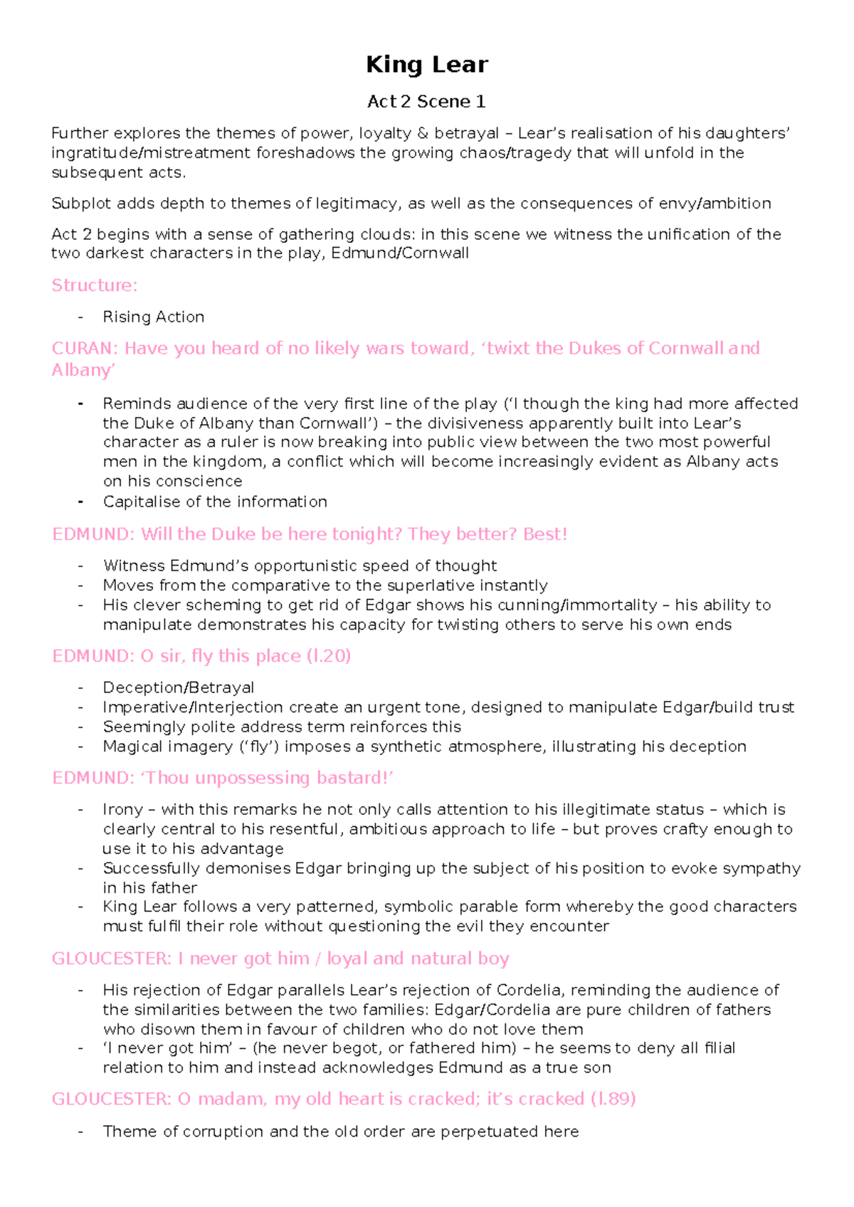 Act 2 - King Lear Analysis & Themes Exploration Notes - Studocu