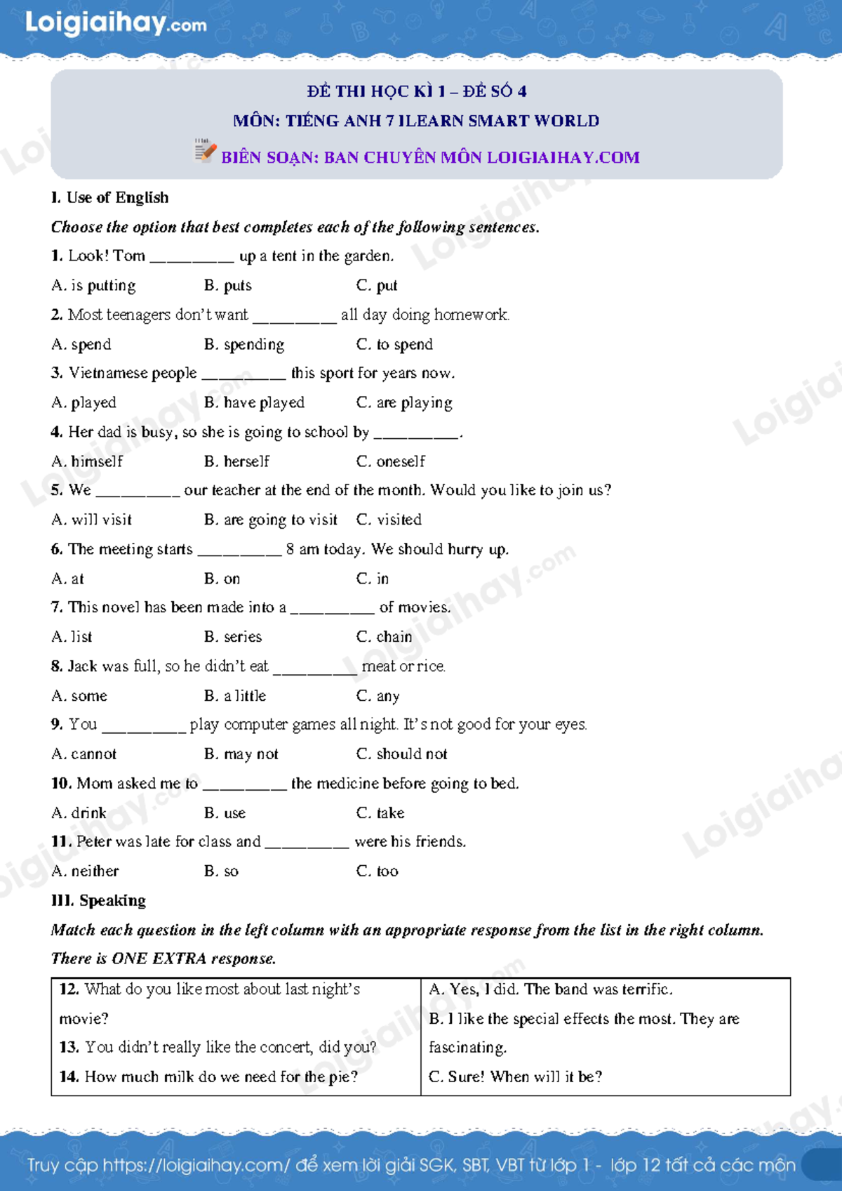 ĐỀ THI HỌC KÌ 1 TIẾNG ANH 7 ILEARN SMART WORLD ĐỀ SỐ 4 - Studocu