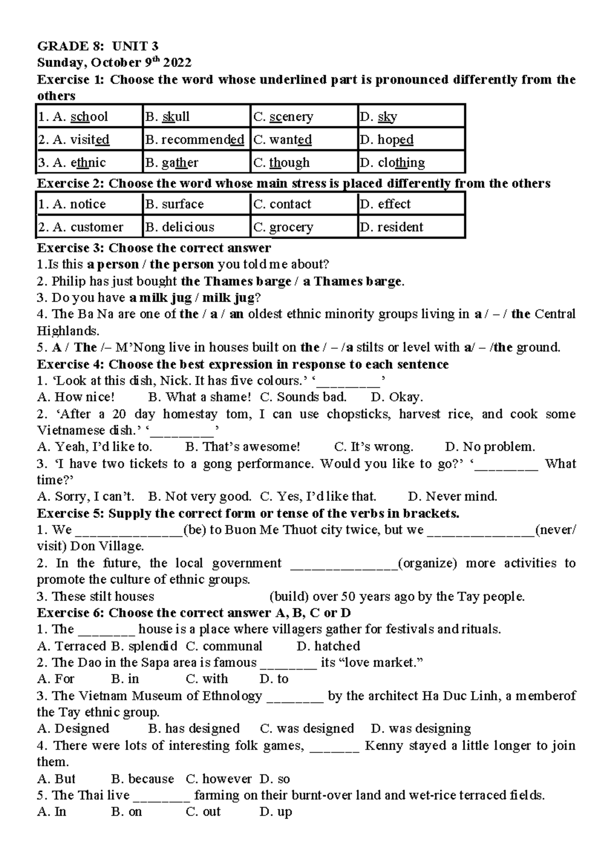 Grade 8: Unit 3 Exercises and Answers - October 2022 - Studocu