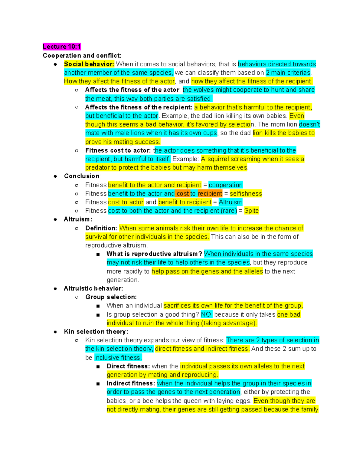 Cycle 10:1 Lecture Notes on Cooperation and Conflict in Social Behavior ...
