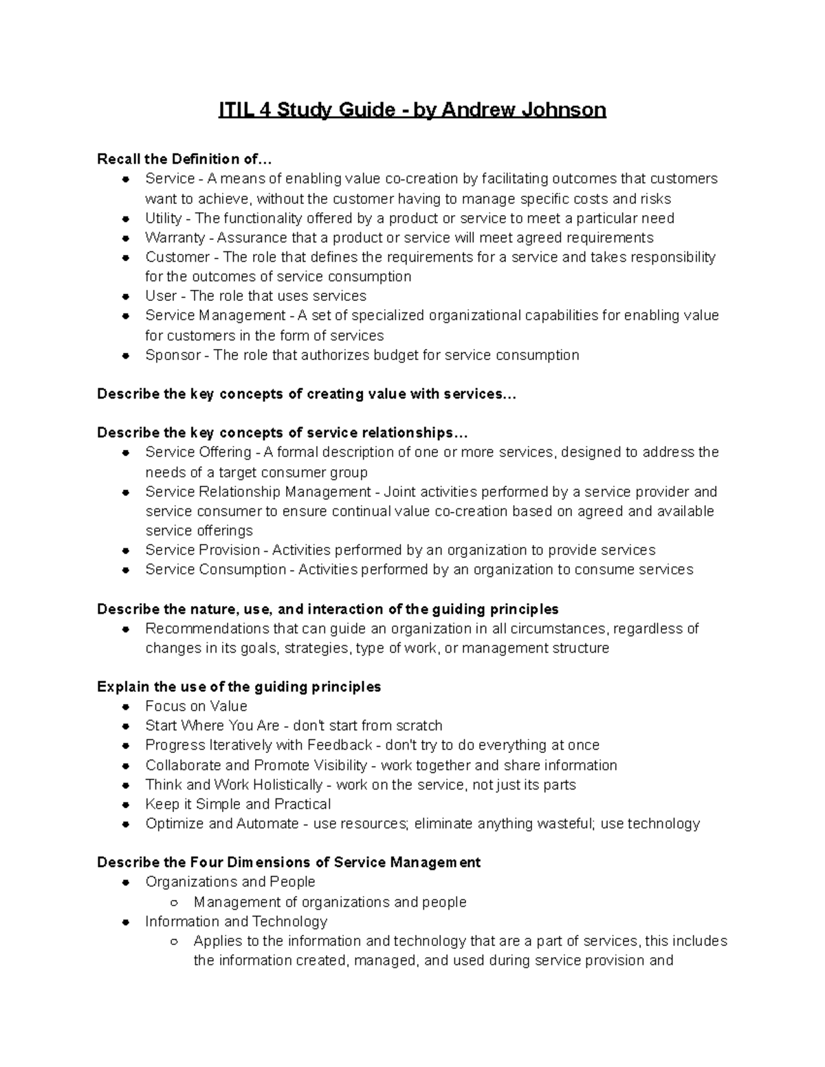 ITIL 4 Study Guide - ITIL 4 Study Guide - by Andrew Johnson Recall the ...