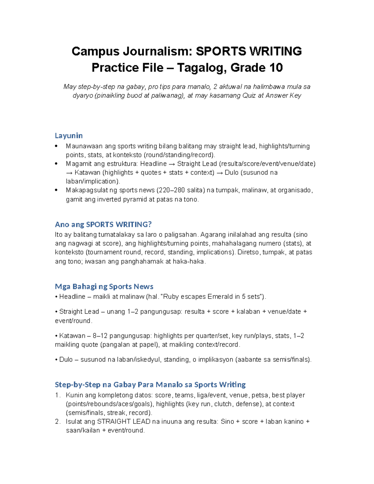 Campus Journalism: SPORTS WRITING Practice File with Quiz, Grade 10 ...