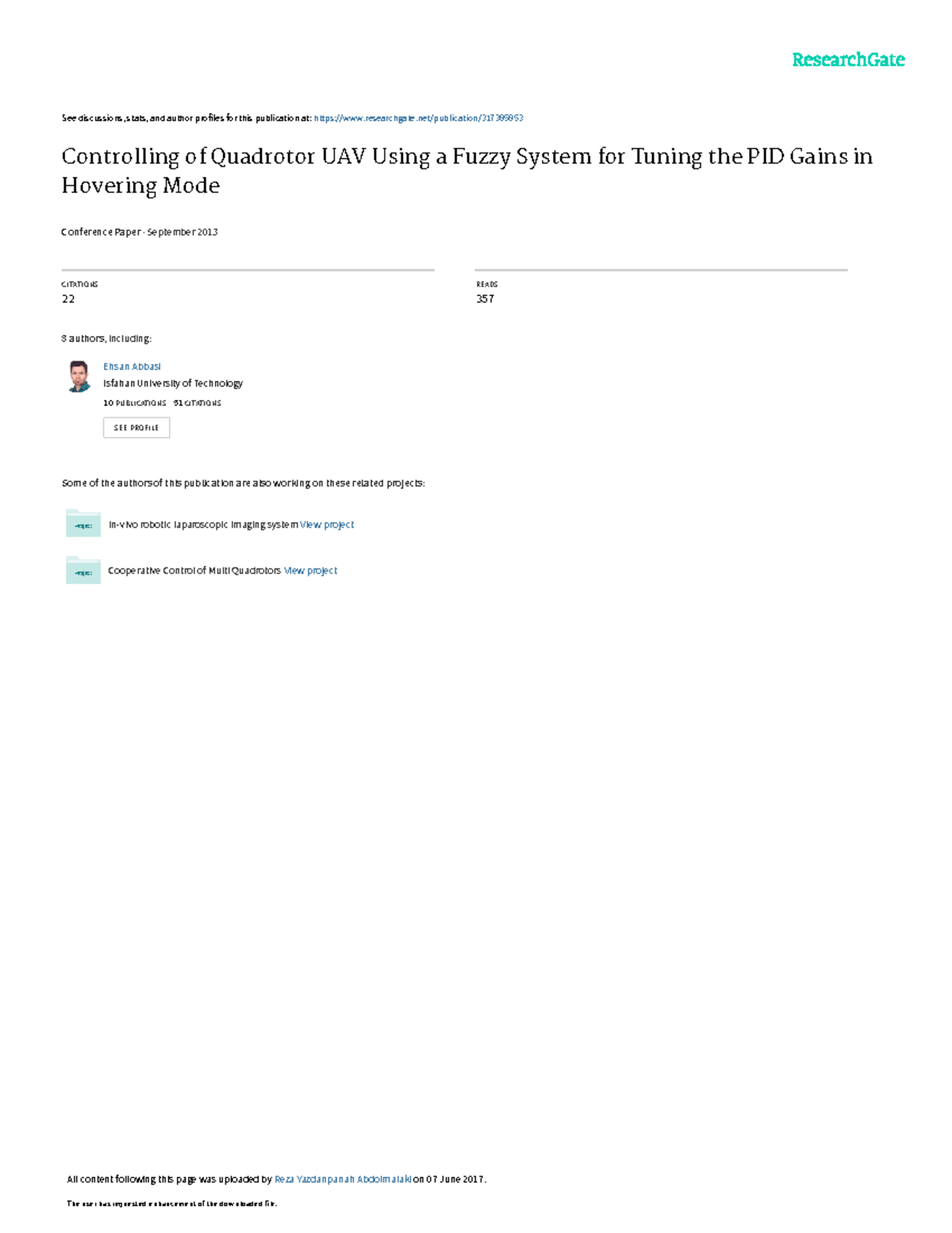 Controlling Quadrotor UAV with Fuzzy PID Gains Tuning - Conference ...