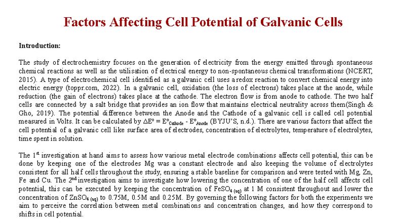 Factors Influencing Cell Potential in Galvanic Cells (CHEM 101) - Studocu