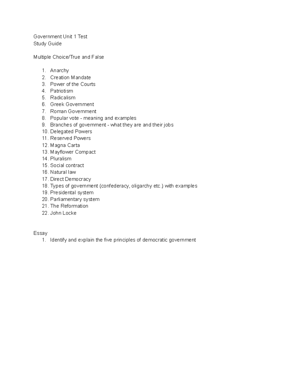 Government Unit 1 Test Study Guide - Key Concepts and Principles ...