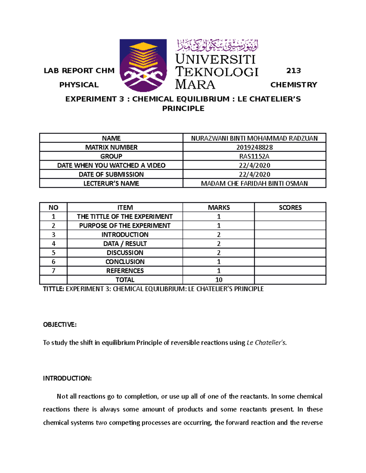 DRY LAB CHM 213 Experiment 3 - LAB REPORT CHM 213 PHYSICAL CHEMISTRY ...