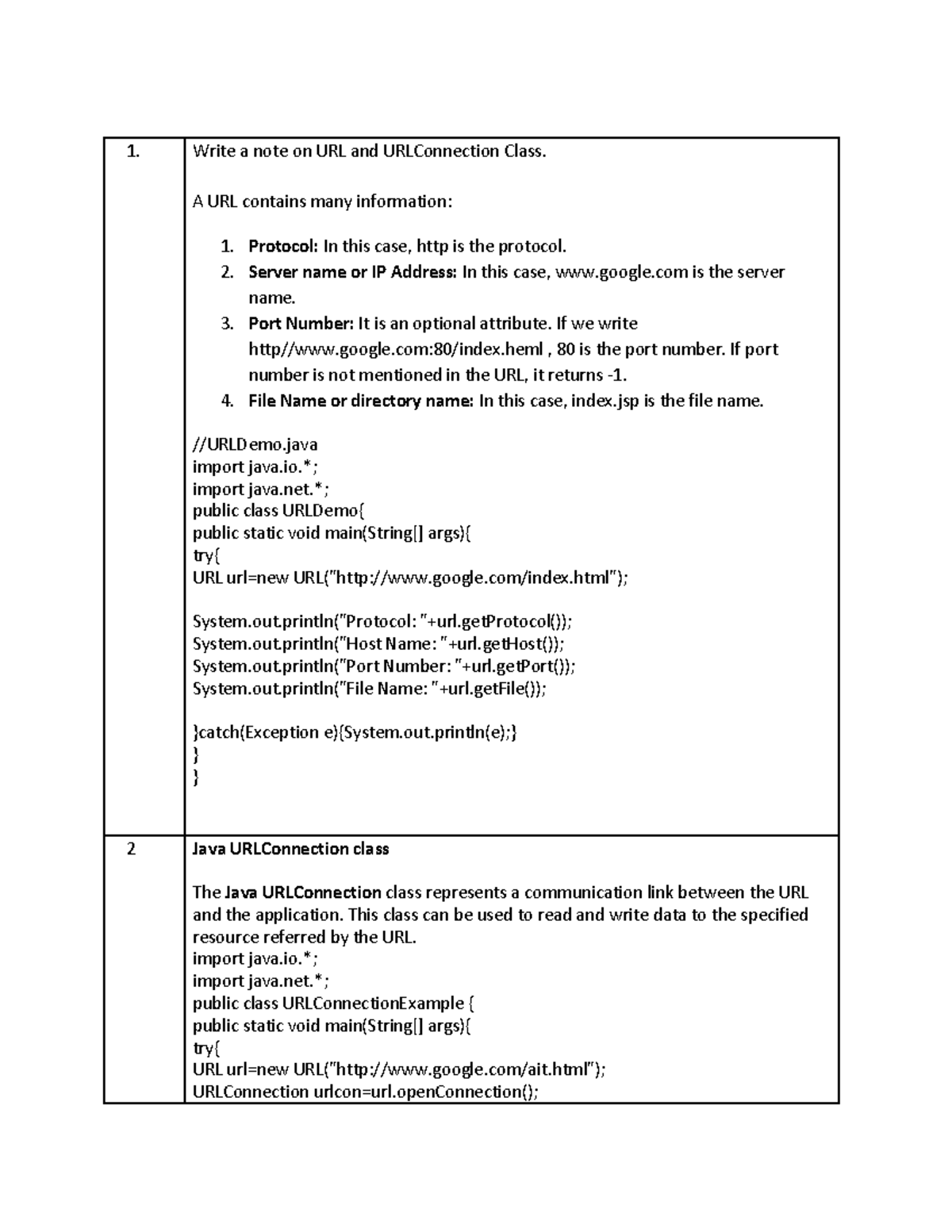AJ NOTE - book - Write a note on URL and URLConnection Class. A URL contains many information: 1 ...