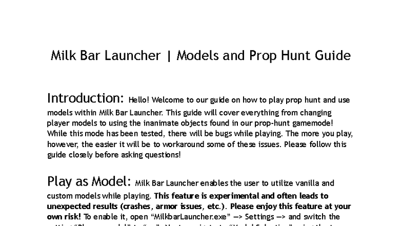 Milk Bar Launcher Prop Hunt Guide & Model Usage Tips - Studocu