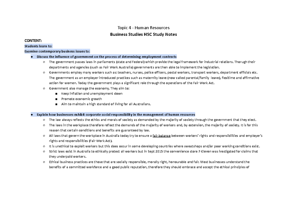 Topic 4 - Human Resources: HSC Business Studies Notes (Revised) - Studocu