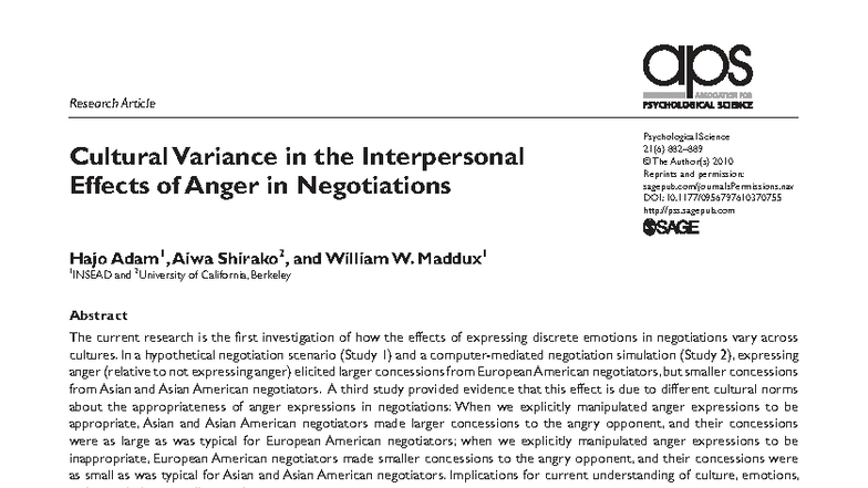 Cultural Variance in Anger Effects on Negotiations (PSY 21) - Studocu
