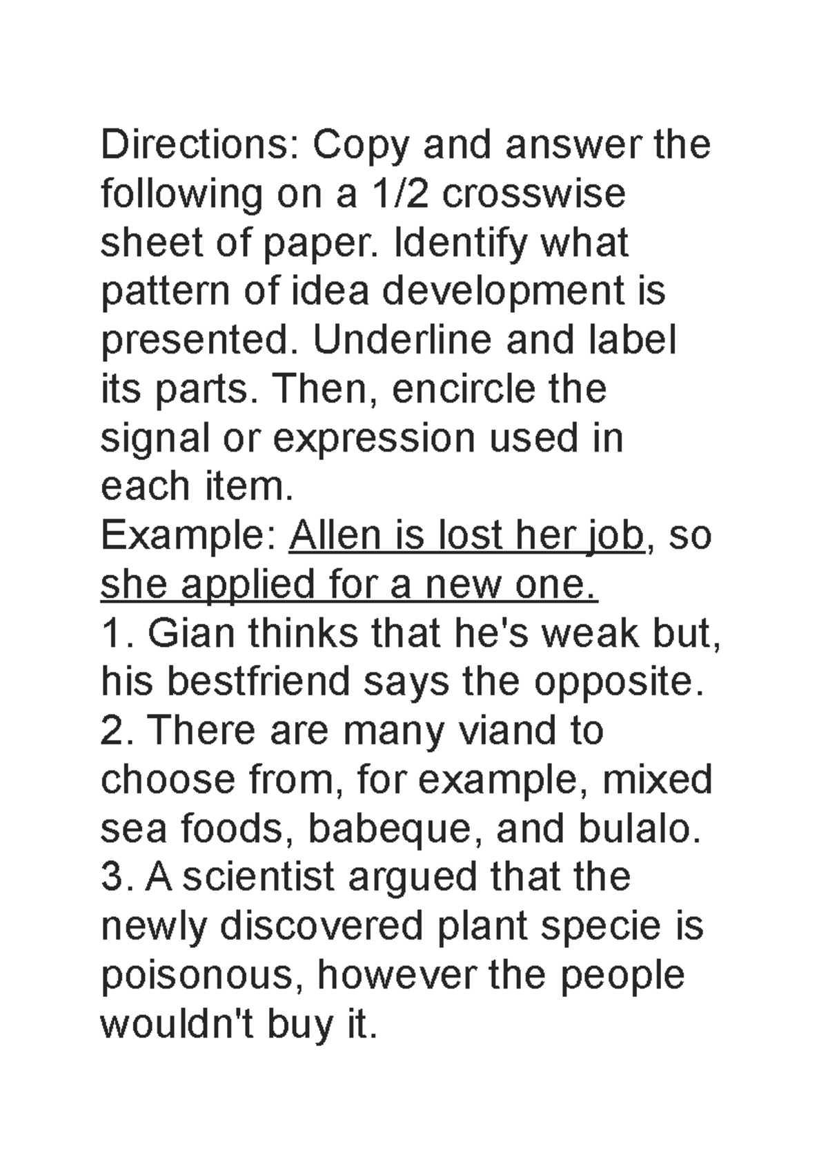 Pattern of idea development - Directions: Copy and answer the following ...