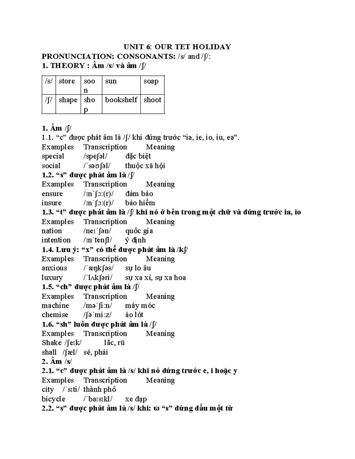 [Grade 6] UNIT 6: Pronunciation Practice of /s/ and /ʃ/ Sounds - Studocu