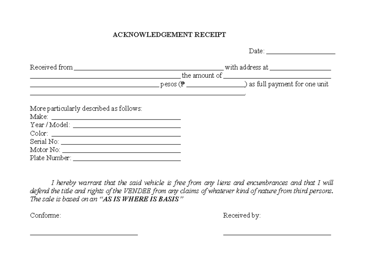 Acknowledgement Receipt for Motor Vehicle Sale Confirmation - Studocu