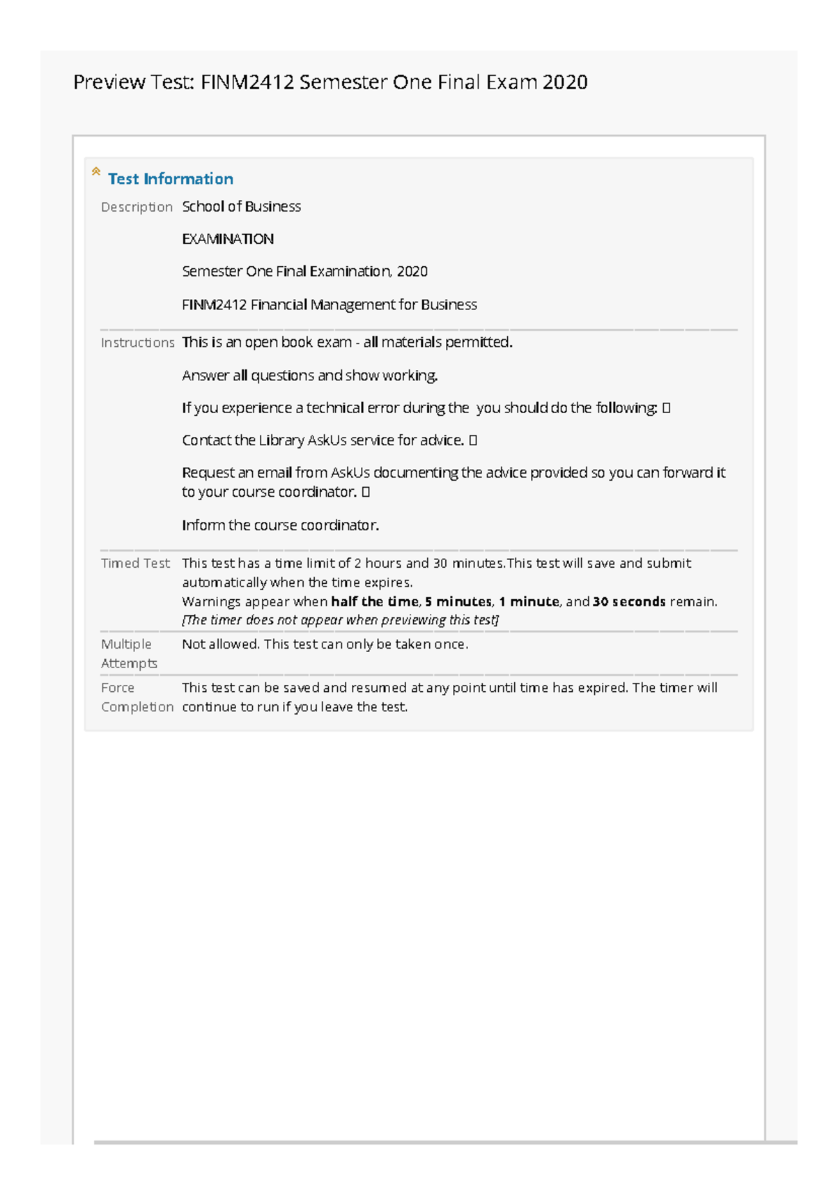 FINM2412 Semester One Final Exam 2020: Test Overview and Instructions ...