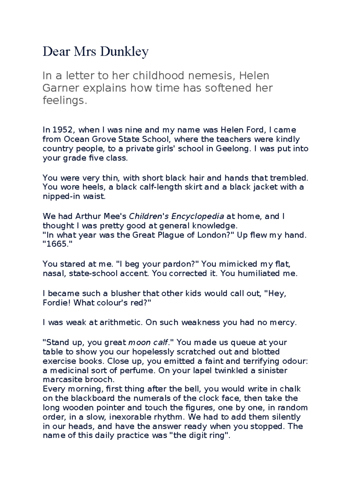 Dear Mrs Dunkley: Reflections on a Teacher's Impact - Studocu