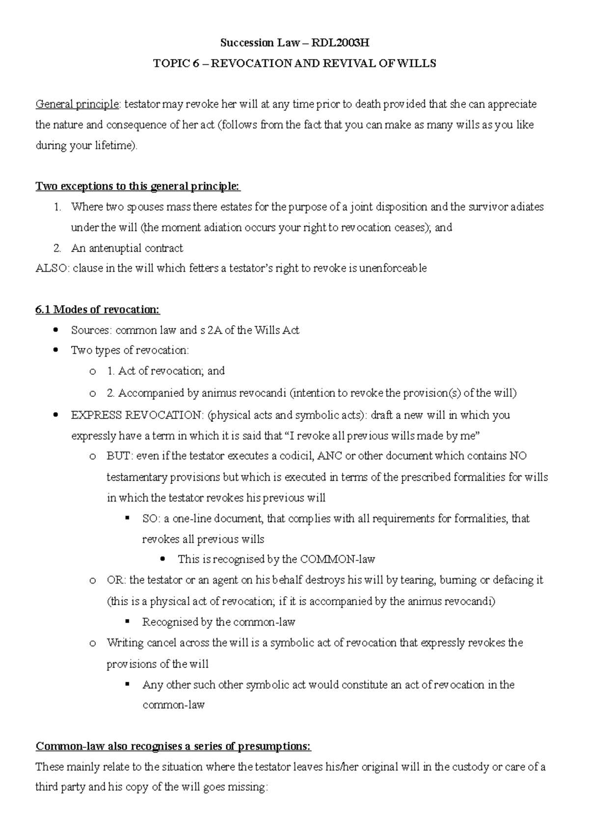 LAW OF Succession Topic 6 - LAW OF SUCCESSION TOPIC 6 NOTES REVOCATION ...