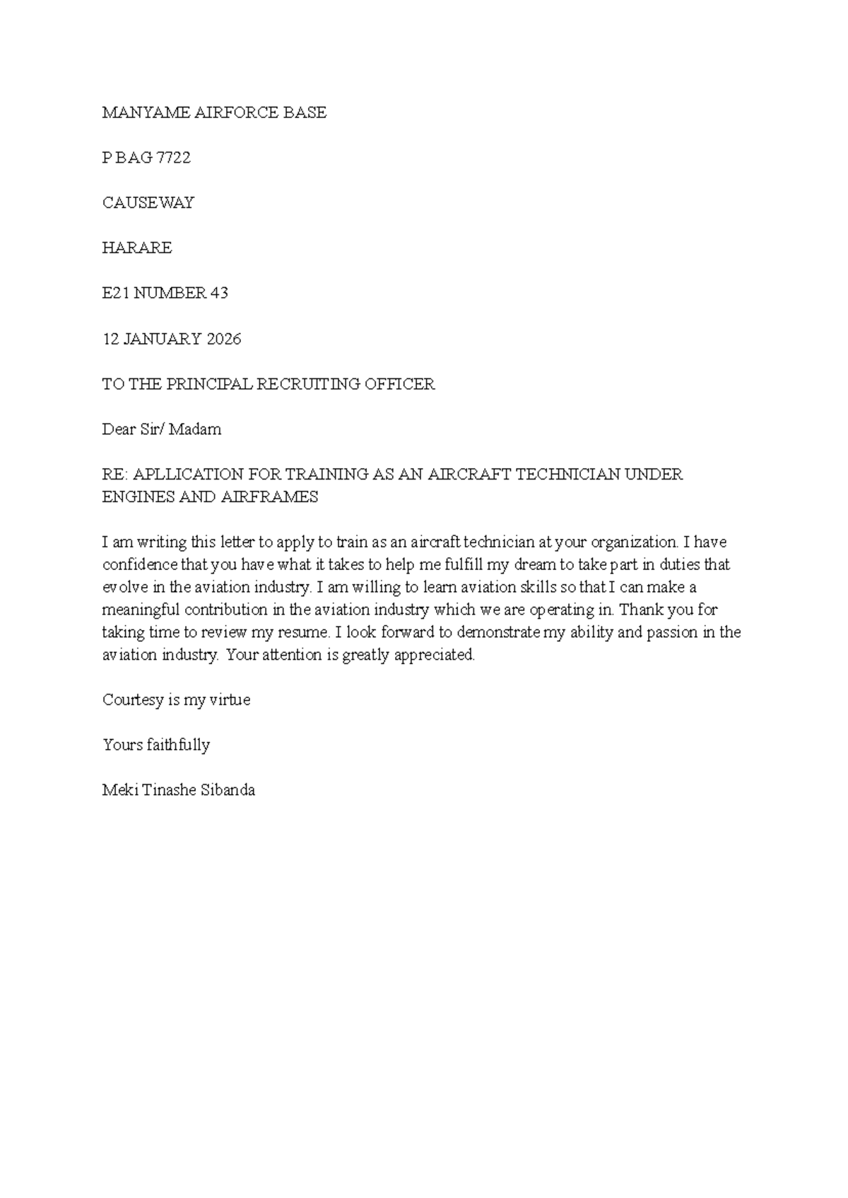 Application for Aircraft Technician Training - Manyame Airforce Base ...